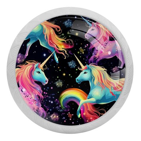 Rainbow Unicorn Cartoon Pattern 4pcs Cabinet Knobs Pulls Fluorescent