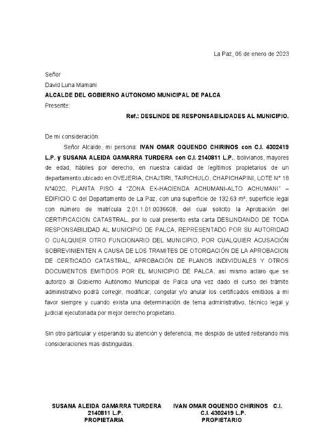 Carta De Deslinde De Responsabilidades Palca Pdf