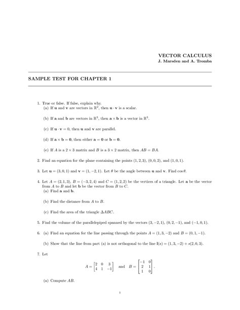 Vector Calculus Sample Test For Chapter 1 Lecture Notes Vector