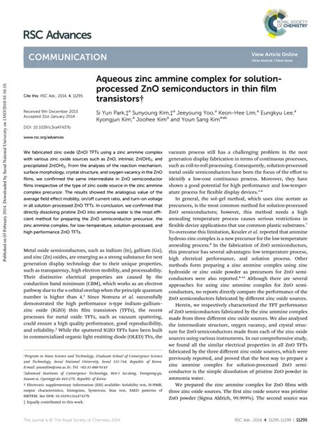 Pdf Aqueous Zinc Ammine Complex For Solution Processed Zno Semiconductors In Thin Film Transistors