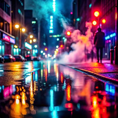 Empty Background Scene Dark Street Reflection On The Wet Pavement Rays