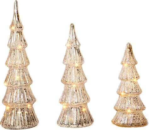 Genmous And Co Gold Lighted Glass Christmas Trees Set Of 3