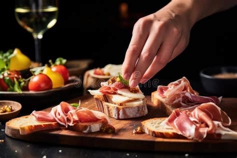 Hand Reaching For The Last Piece Of Prosciutto Bruschetta Stock