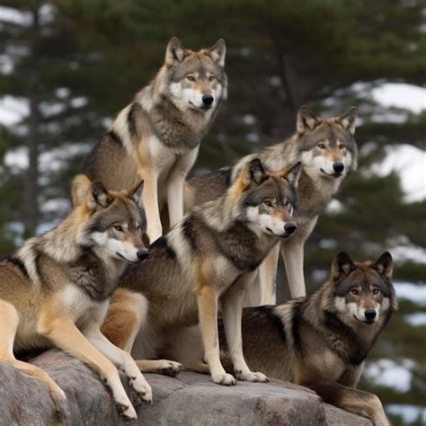 Een Roedel Wolven Zit Op Een Rots Premium Foto