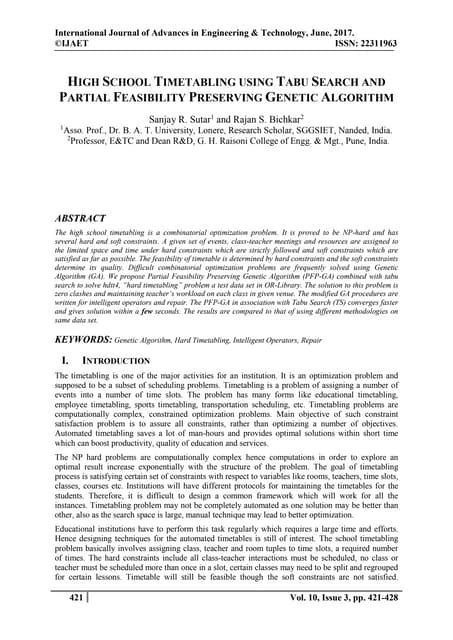 High School Timetabling Using Tabu Search And Partial Feasibility Preserving Genetic Algorithm Pdf