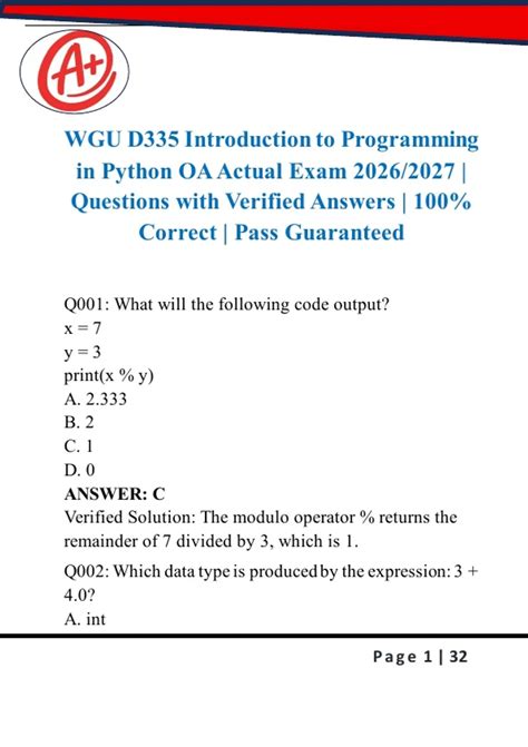 Wgu D335 Introduction To Programming In Python Oa Actual Exam 20262027