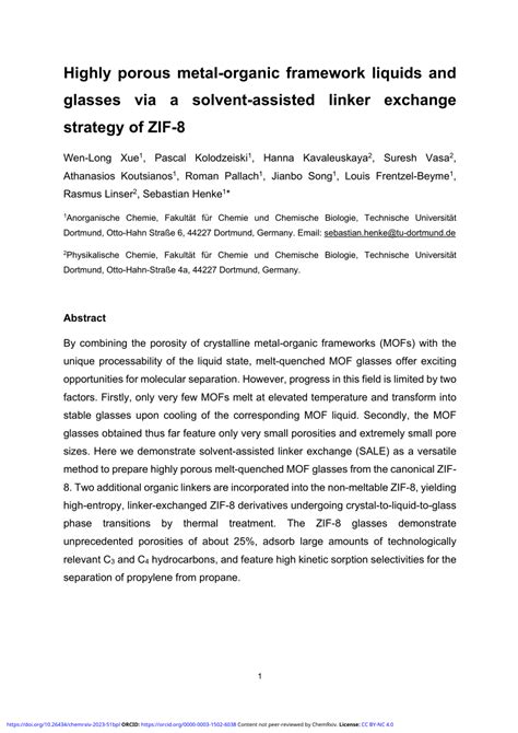 Pdf Highly Porous Metal Organic Framework Liquids And Glasses Via A
