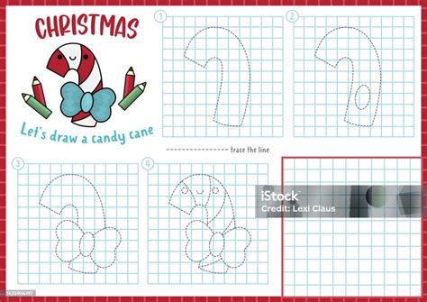 크리스마스 단계별 그리기 워크 시트 사탕 지팡이를 그리는 방법 예제 활동으로 그림을 완성합니다 벡터 겨울 휴가 쓰기 연습 워크 시트 인쇄 가능한 새해 색칠 공부 페이지