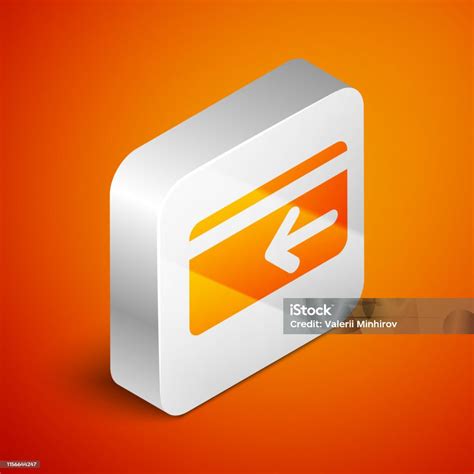 주황색 배경에 아이소메트릭 캐시 백 아이콘입니다 신용 카드 금융 서비스 환불 투자 수익 저축 계좌 환전 실버 스퀘어 버튼 벡터 일러스트레이션 개념에 대한 스톡 벡터 아트 및