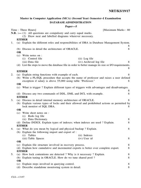 Master In Computer Application Mca Second Year Semester I Examination Database