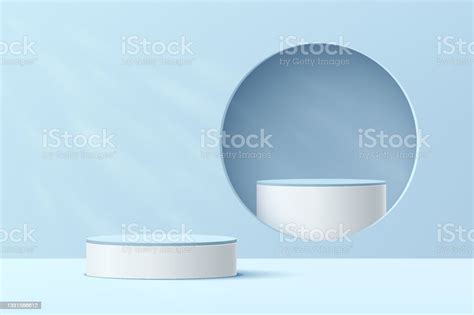 벽에 구멍에 파란색 연단추상 3d 흰색 실린더 받침대 연단 제품 디스플레이 프리젠 테이션을위한 조명파스텔 블루 최소 장면 벡터