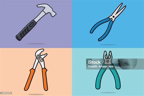 기계공 작업 도구 벡터 그림 세트입니다 클로 해머 커팅 플라이어와 조정 가능한 워터 펌프 플라이어가 있는 플라이어 도구 벡터 그림 인테리어 수리 서비스 및 작업 도구 아이콘