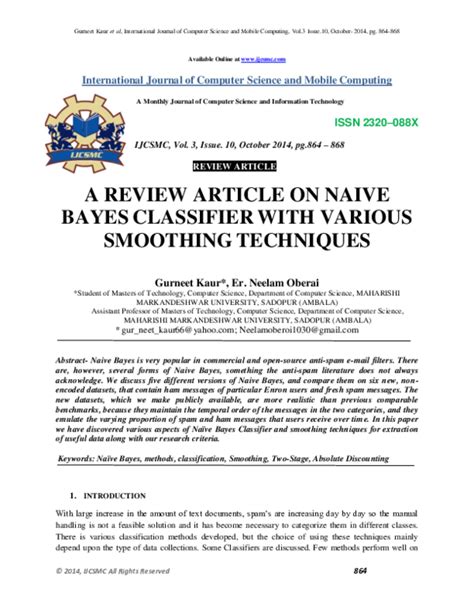 Pdf A Review Article On Naive Bayes Classifier With Various Smoothing Techniques