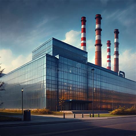 Modern Industrial Building With Reflective Glass Facade And Four Tall