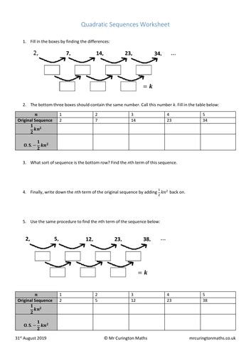 Quadratic Sequences Worksheet Teaching Resources