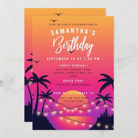 Pink And Purple Tropical Beach Sunset Birthday Party Invitation