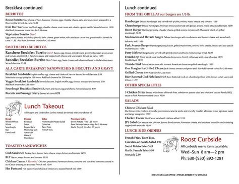 Menu At The Roost Cafe Chico