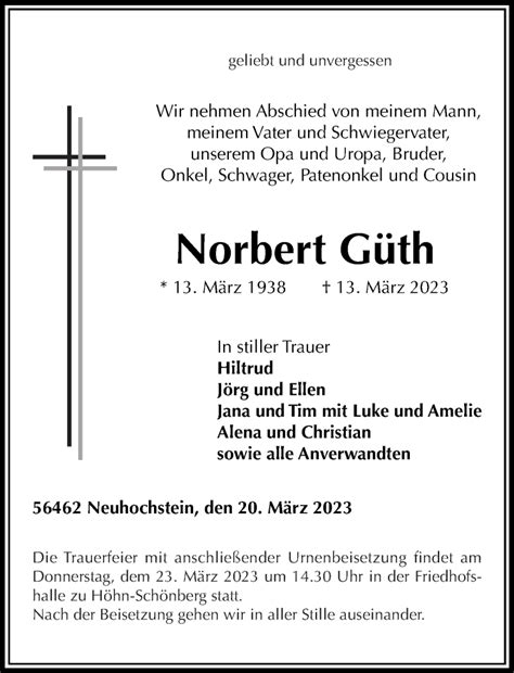 Traueranzeigen Von Norbert Güth Rz Trauerde
