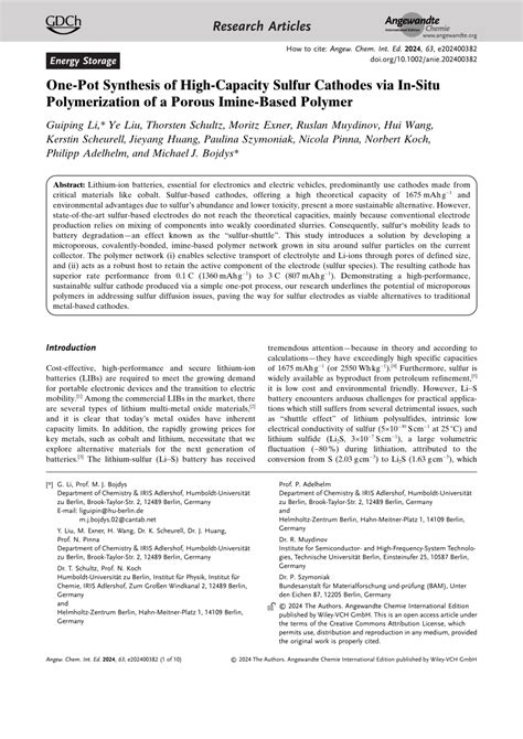 Pdf One‐pot Synthesis Of High‐capacity Sulfur Cathodes Via In‐situ