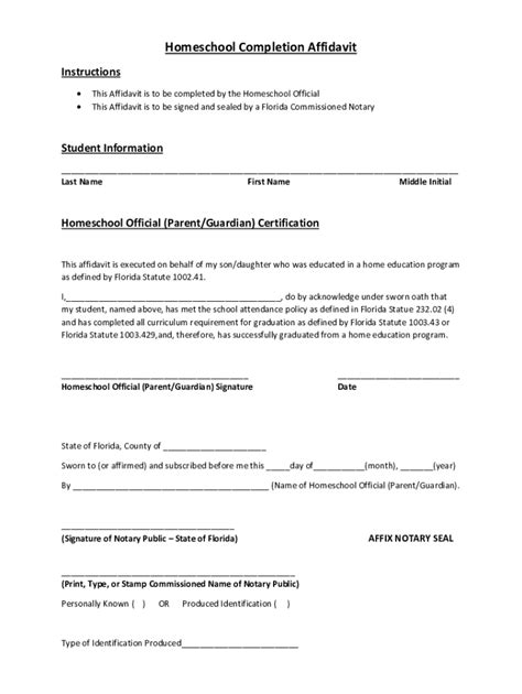 Homeschool Completion Affidavit Blank Fillable Template Fill Out