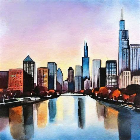 Watercolor Of City Skyline At Dusk Stock Illustration Illustration Of