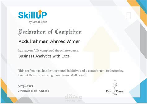 Business Analytics With Excel Certificate مستقل