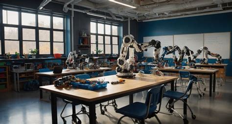 Robotics Lab With Multiple Robotic Arms On Tables In A Classroom Setting With Windows Stock