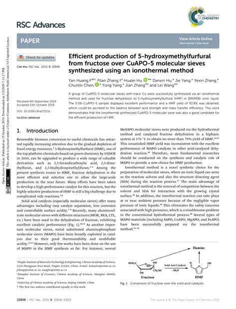 Pdf Efficient Production Of 5 Hydroxymethylfurfural From Fructose Over Cuapo 5 Molecular