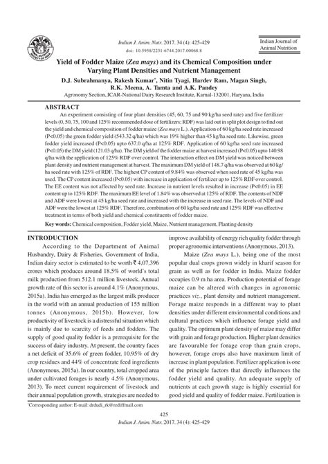 Pdf Yield Of Fodder Maize Zea Mays And Its Chemical Composition Under Varying Plant Density