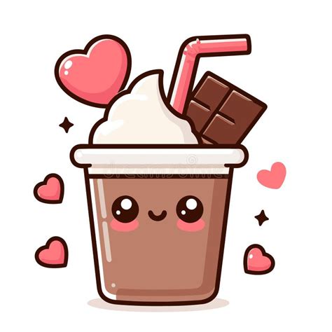 Cute Kawaii Milkshake With Chocolate And Whipped Cream Vector Illustration With Hearts
