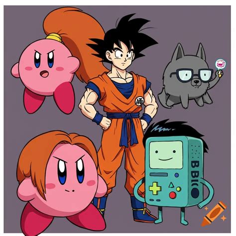 Cartoon Of Kirby Goku Bmo And Jake With Different Hairstyles And