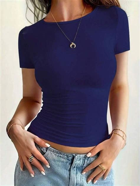 Round Neck Short Sleeve T Shirt Navy S Short Sleeve Cropped Top
