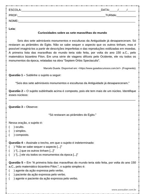 Atividade De Portugues Tipos De Sujeito 8o Ano Word Pdf