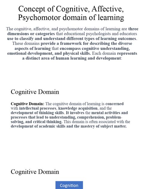 Concept Of Cognitive Affective Psychomotor Domain 1 Pdf Learning