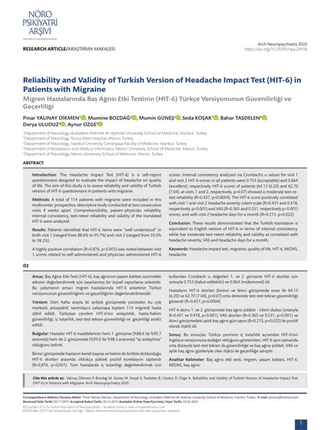 Pdf Reliability And Validity Of Turkish Version Of Headache Impact