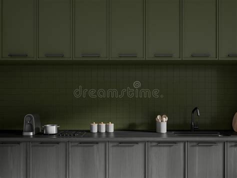 Green And Grey Home Kitchen Interior With Sink And Stove Kitchenware On Deck Stock Illustration