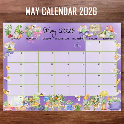 Editable May 2026 Calendar Cute Spring Garden Calendar With Bees And