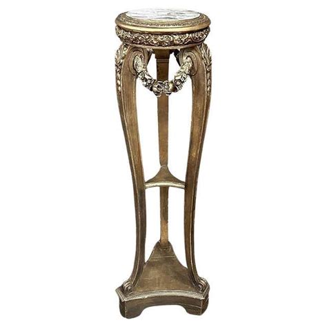 French Louis Xvi Style Tall Carved Gilt Pedestal Stand With Marble Top