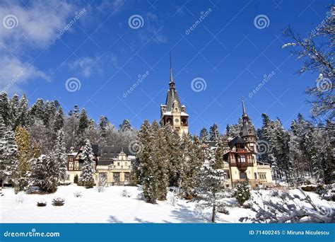 Peles Castle In Winter Front View Stock Image Image Of Cold Forest
