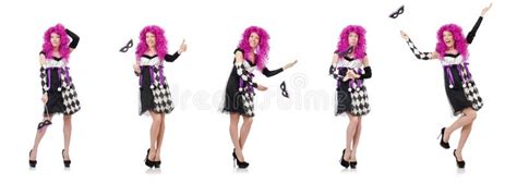 Linda Garota Com Fantasia De Jester Isolada Em Branco Imagem De Stock