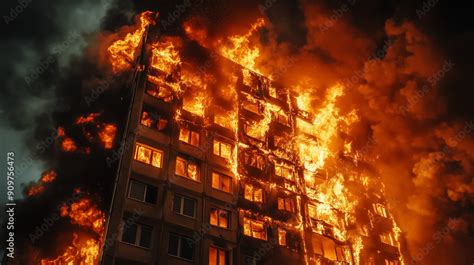 Intense Flames That Completely Engulf The Apartment Building Light Up