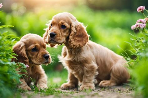 Cocker Spaniel Puppies With Flowers In A Meadow Stock Illustration Illustration Of Small