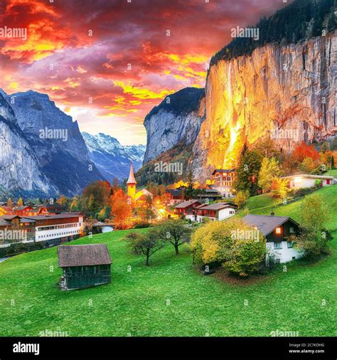 Dramatic Autumn View Of Lauterbrunnen Valley With Gorgeous Staubbach
