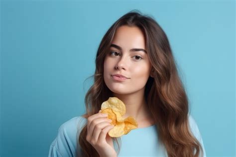 Mujer Comiendo Papas Fritas Comida Generar Ai Foto Premium