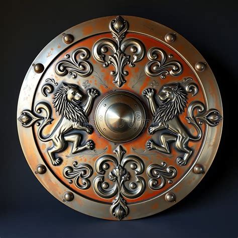 A Hand Forged Medieval Shield With Intricate Lion Patterns Stock