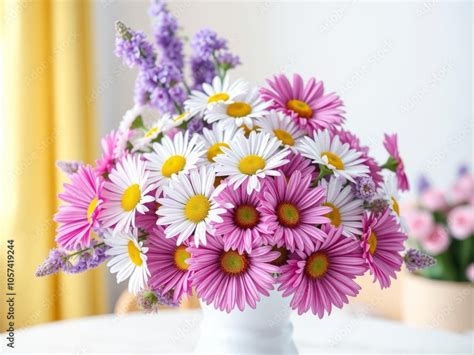 Beautiful Bouquet Of Blue Aster Alpinus And Purple Violet Daisies In A Vase On A Table Daisies
