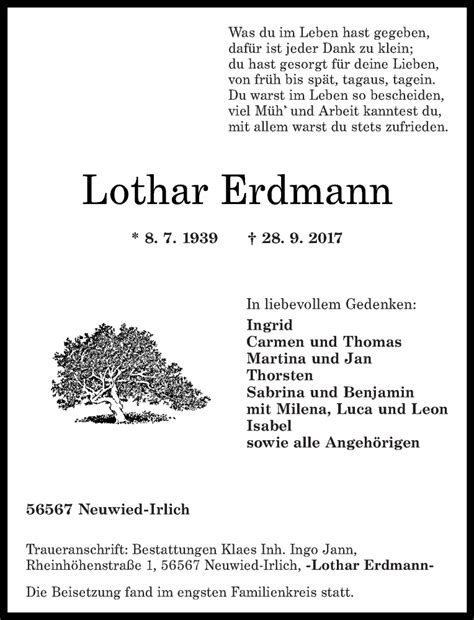 Traueranzeigen Von Lothar Erdmann Rz Trauer De