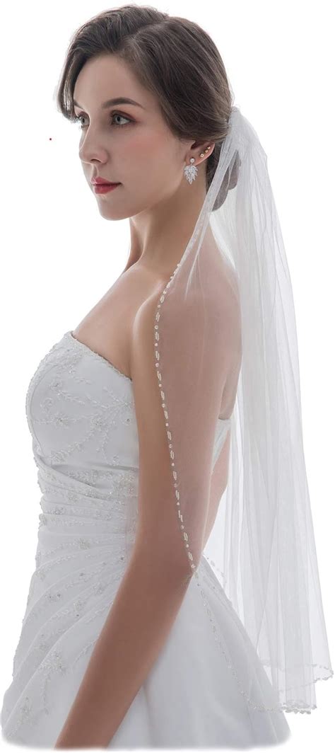 Samky 1t 1 Tier Pearl Crystal Beaded Edge Bridal Wedding Veil Elbow