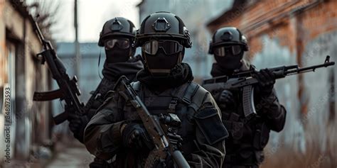 Special Forces Soldiers In Black Uniforms And Masks Holding Shotguns