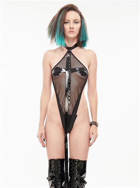 Gothic Style Sexy Hollow Mesh Stitching Patent Leather Halter Neck